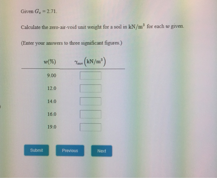 Solved Given G, 2.71. Calculate the zero-air-void unit | Chegg.com