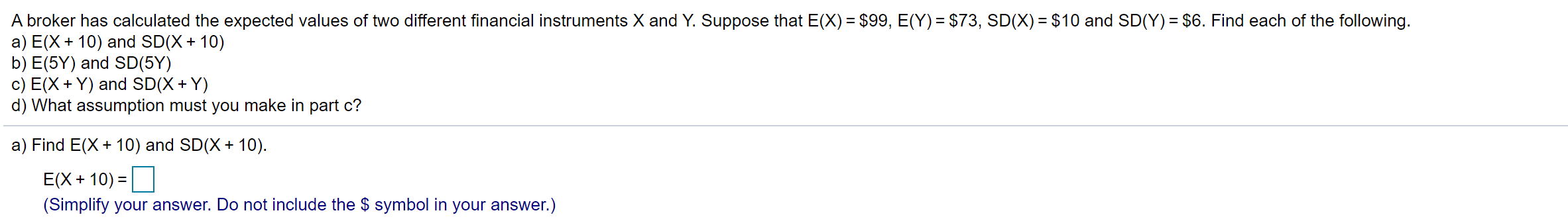 Solved A broker has calculated the expected values of two | Chegg.com