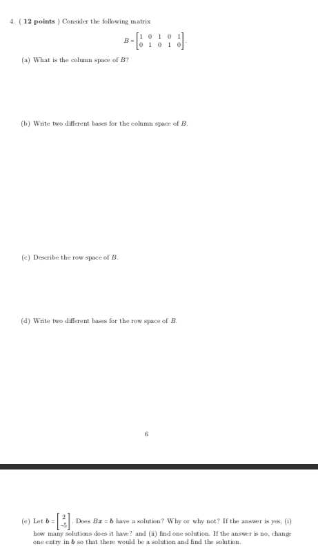 Solved 4. (12 points ) Consider the following matrix | Chegg.com