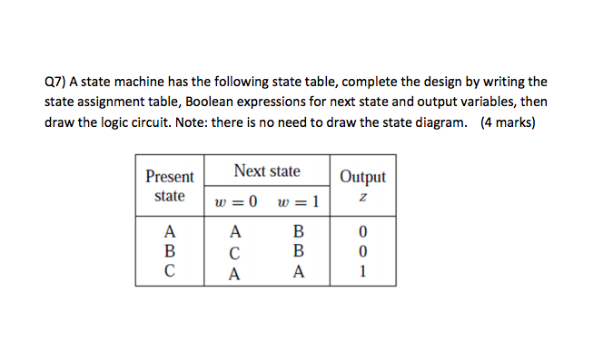 Solved Q7) A state machine has the following state table, | Chegg.com