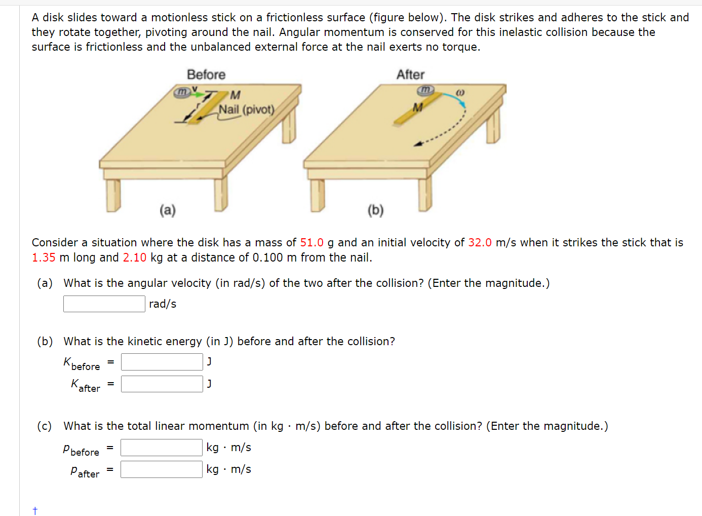 Solved A disk slides toward a motionless stick on a | Chegg.com