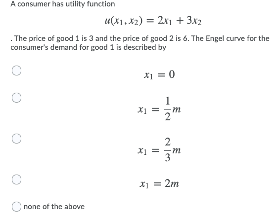 Solved A consumer has utility function u(x1,x2) = 2x1 + 3x2 | Chegg.com