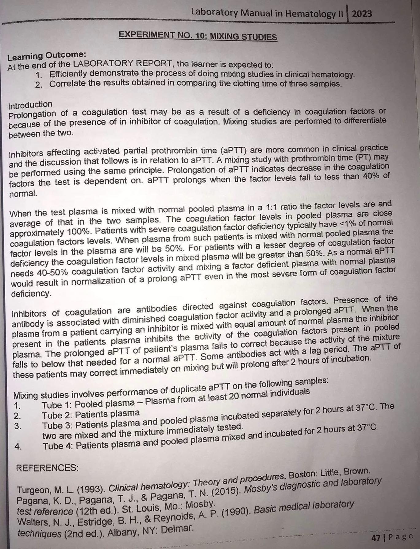 Solved EXPERIMENT NO. 10: MIXING STUDIES Learning Outcome: | Chegg.com