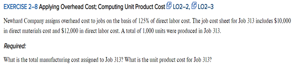 Solved EXERCISE 2-8 Applying Overhead Cost; Computing Unit | Chegg.com