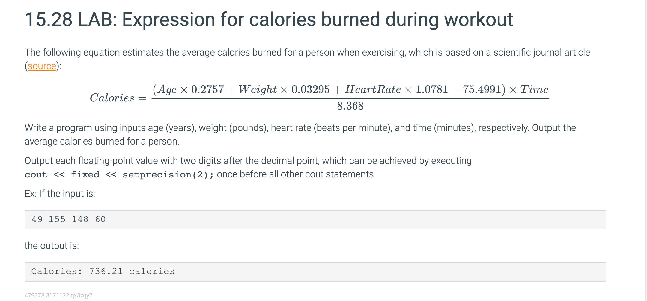 Solved 15.28 LAB: Expression for calories burned during | Chegg.com