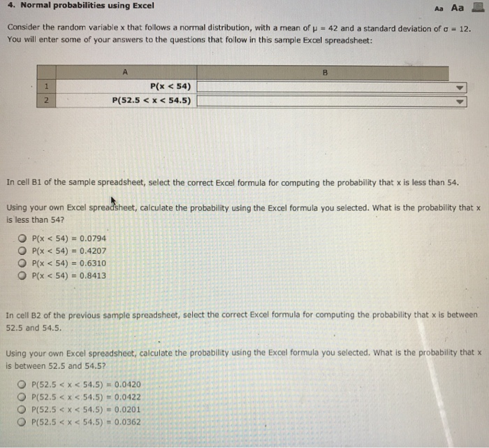 Solved 4. Normal probabilities using Excel AaAa旦 Consider | Chegg.com