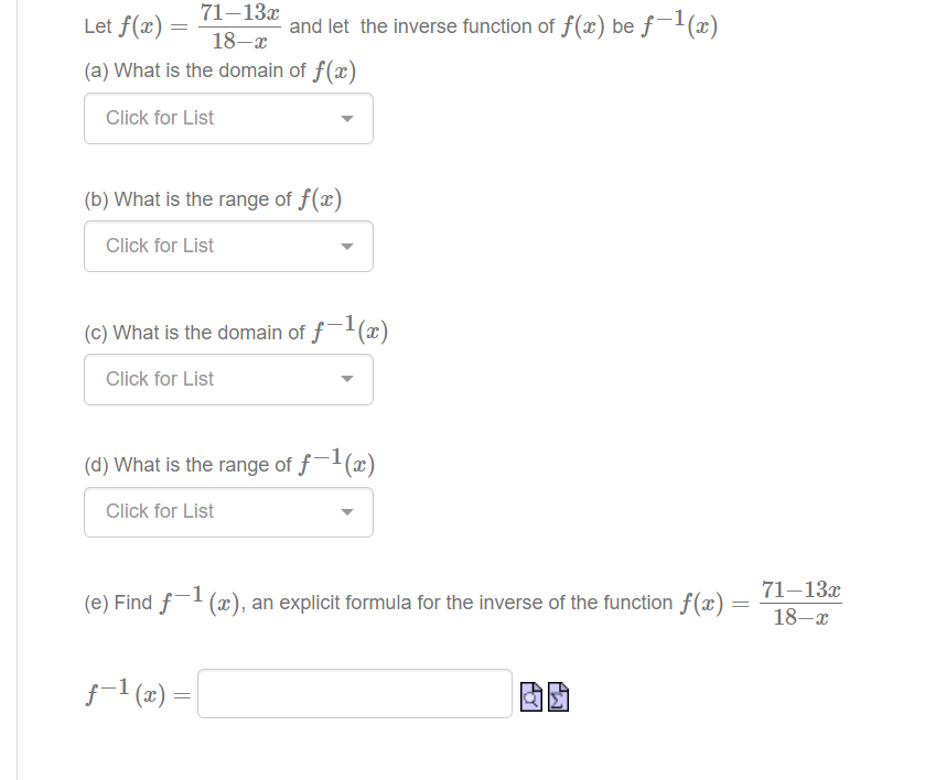 Solved Let f(x)=18−x71−13x and let the inverse function of | Chegg.com