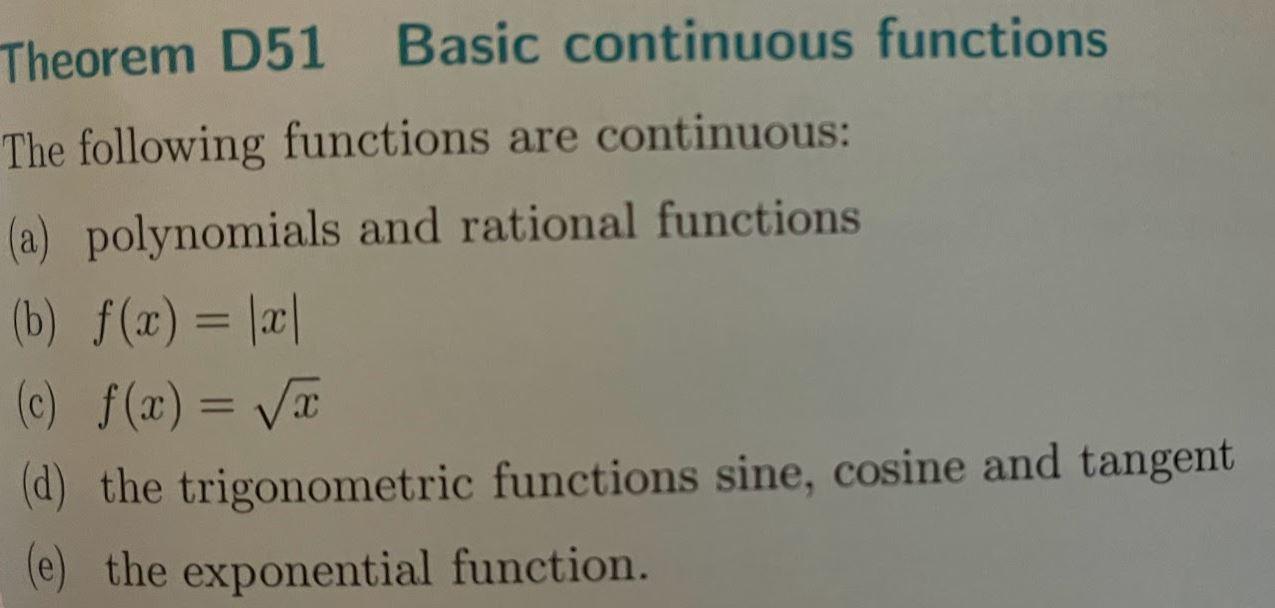 Solved Theorem D51 Basic continuous functions The following | Chegg.com