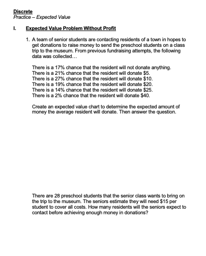 Solved Discrete Practice - Expected Value I. Expected Value | Chegg.com