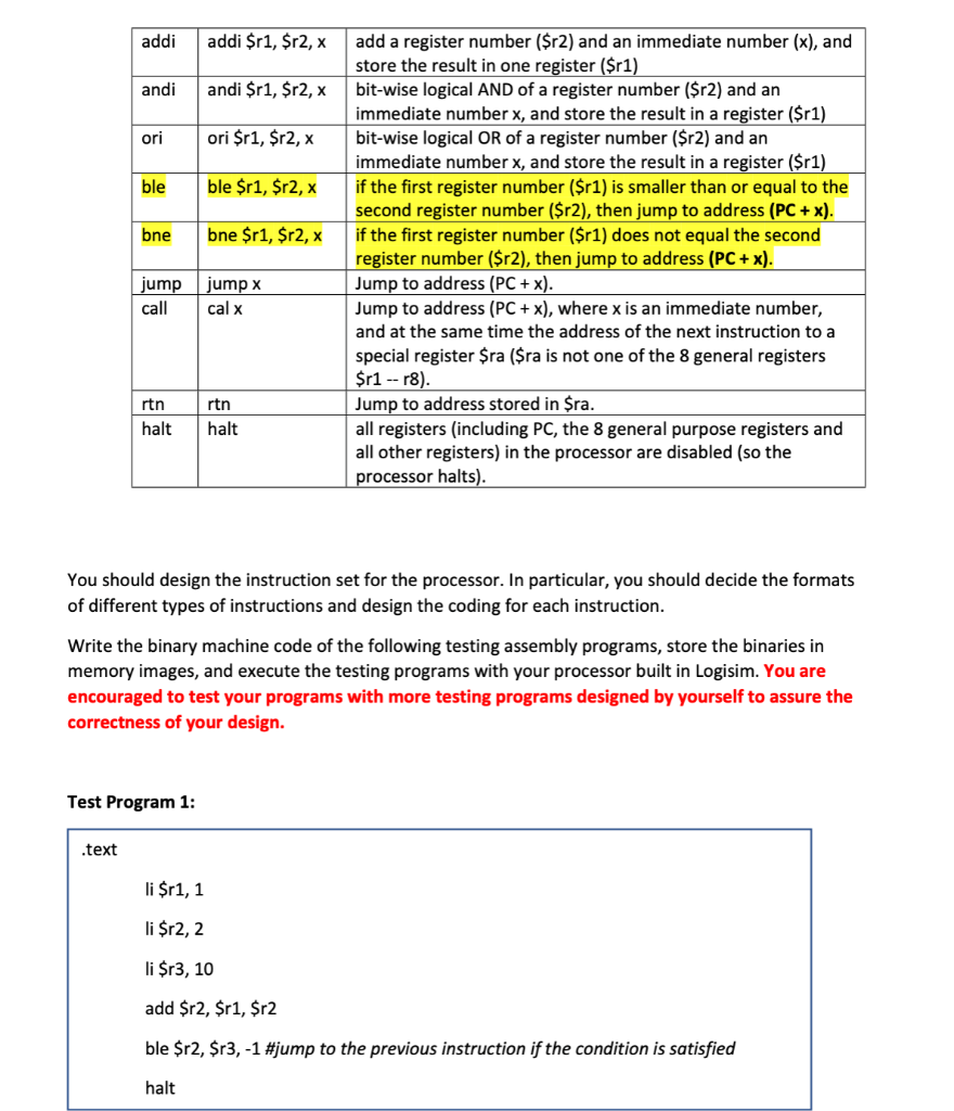 Solved Question: Build a processor in Logisim. The processor | Chegg.com