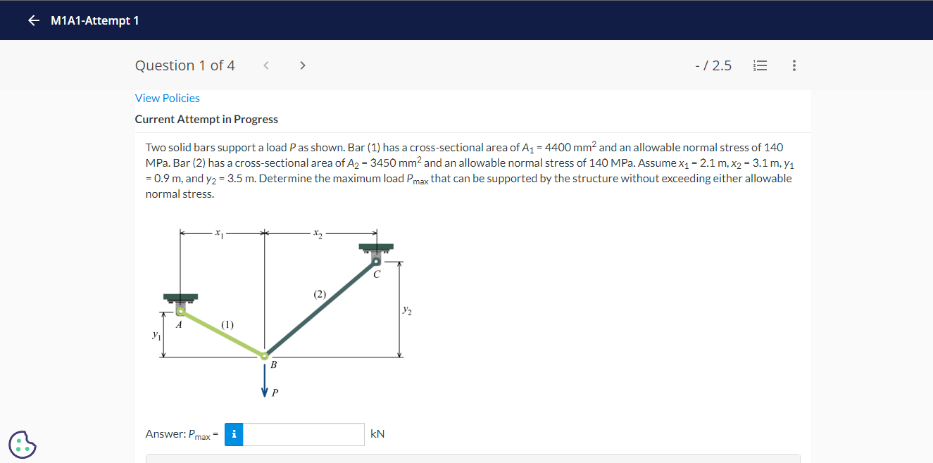 Solved Two solid bars support a load P as shown. Bar (1) has | Chegg.com