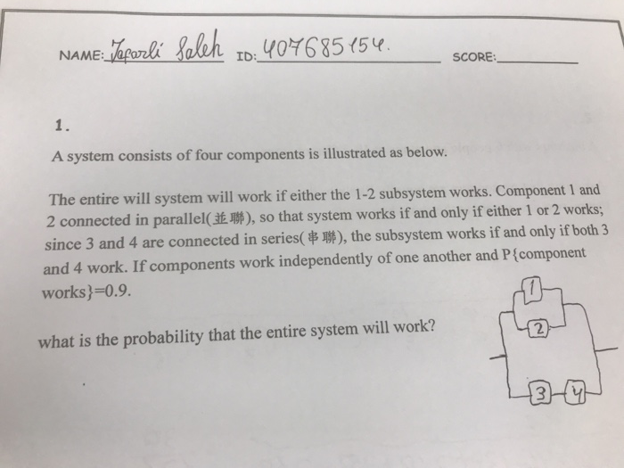Solved SCORE: 1. A system consists of four components is | Chegg.com