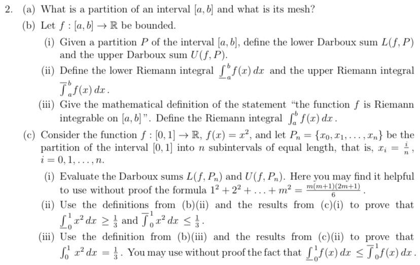 Solved 2. (a) What is a partition of an interval (a, b) and | Chegg.com