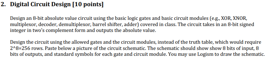 Digital Circuit Design [10 points] Design an 8-bit | Chegg.com