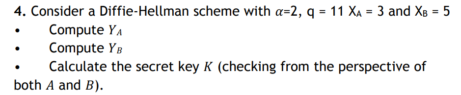Solved 4. Consider a Diffie-Hellman scheme with α=2,q=11XA=3 | Chegg.com