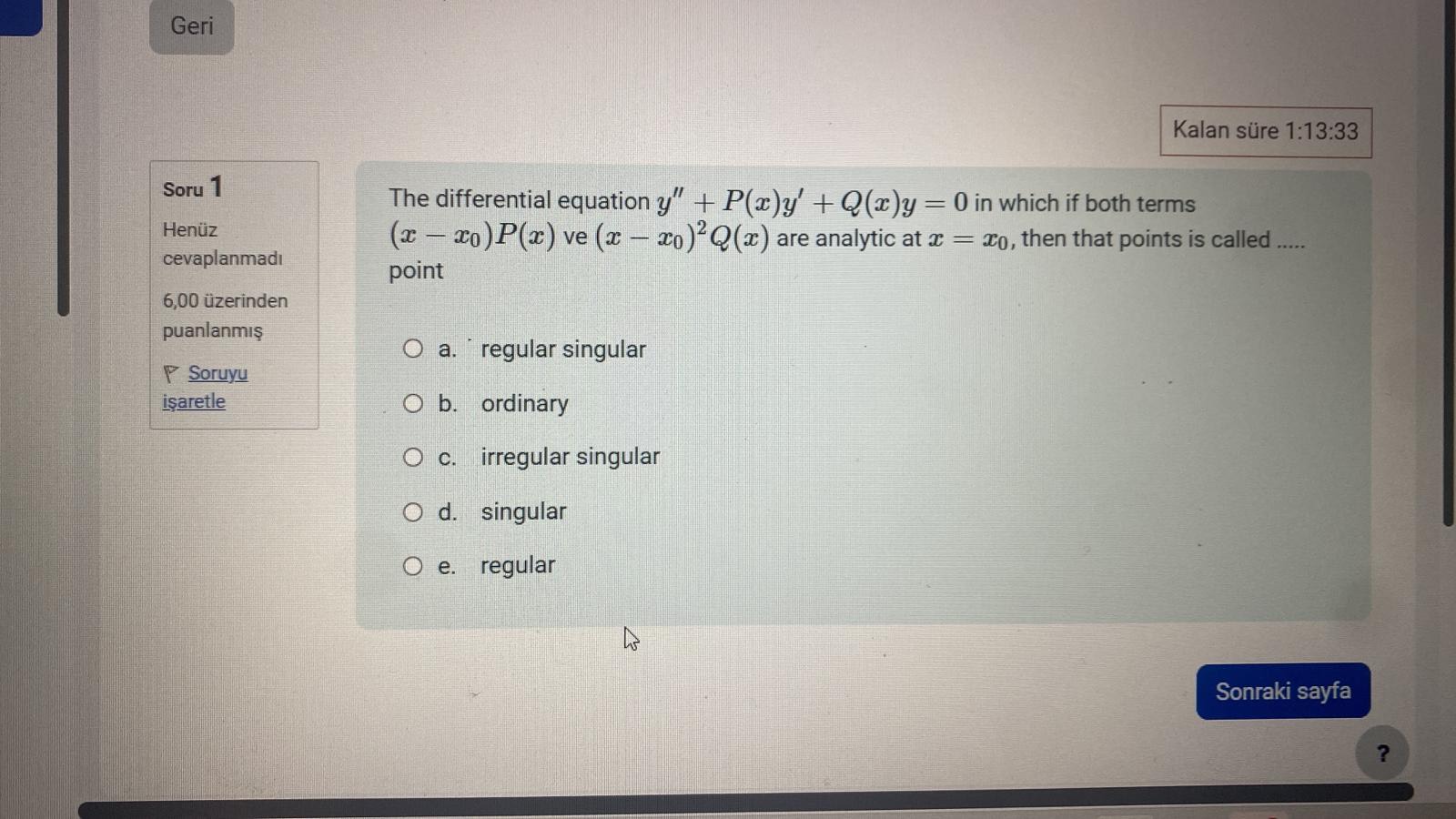 Solved The differential equation y′′+P(x)y′+Q(x)y=0 in which | Chegg.com