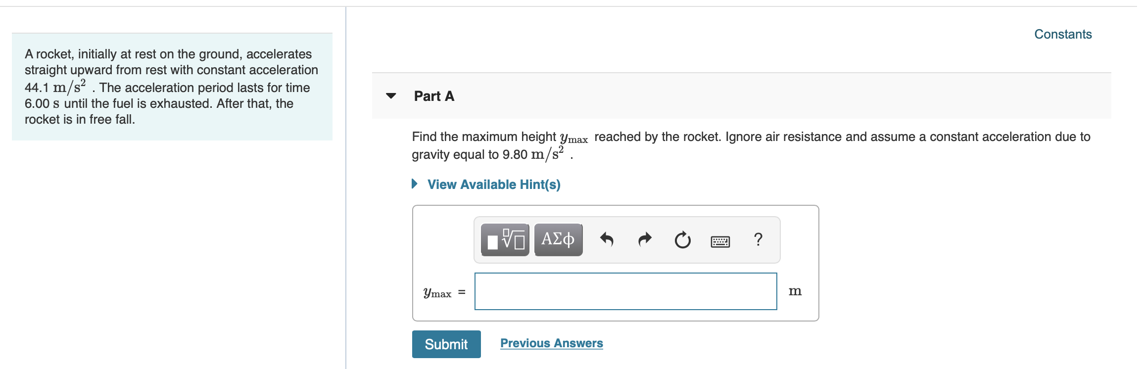 Solved Constants A rocket, initially at rest on the ground, | Chegg.com