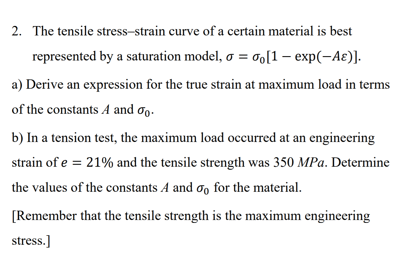 Solved 2. The tensile stress-strain curve of a certain | Chegg.com