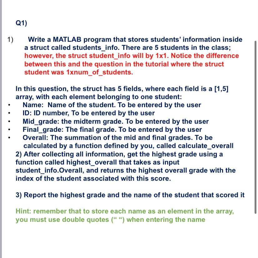 Solved Q1) 1) Write a MATLAB program that stores students' | Chegg.com