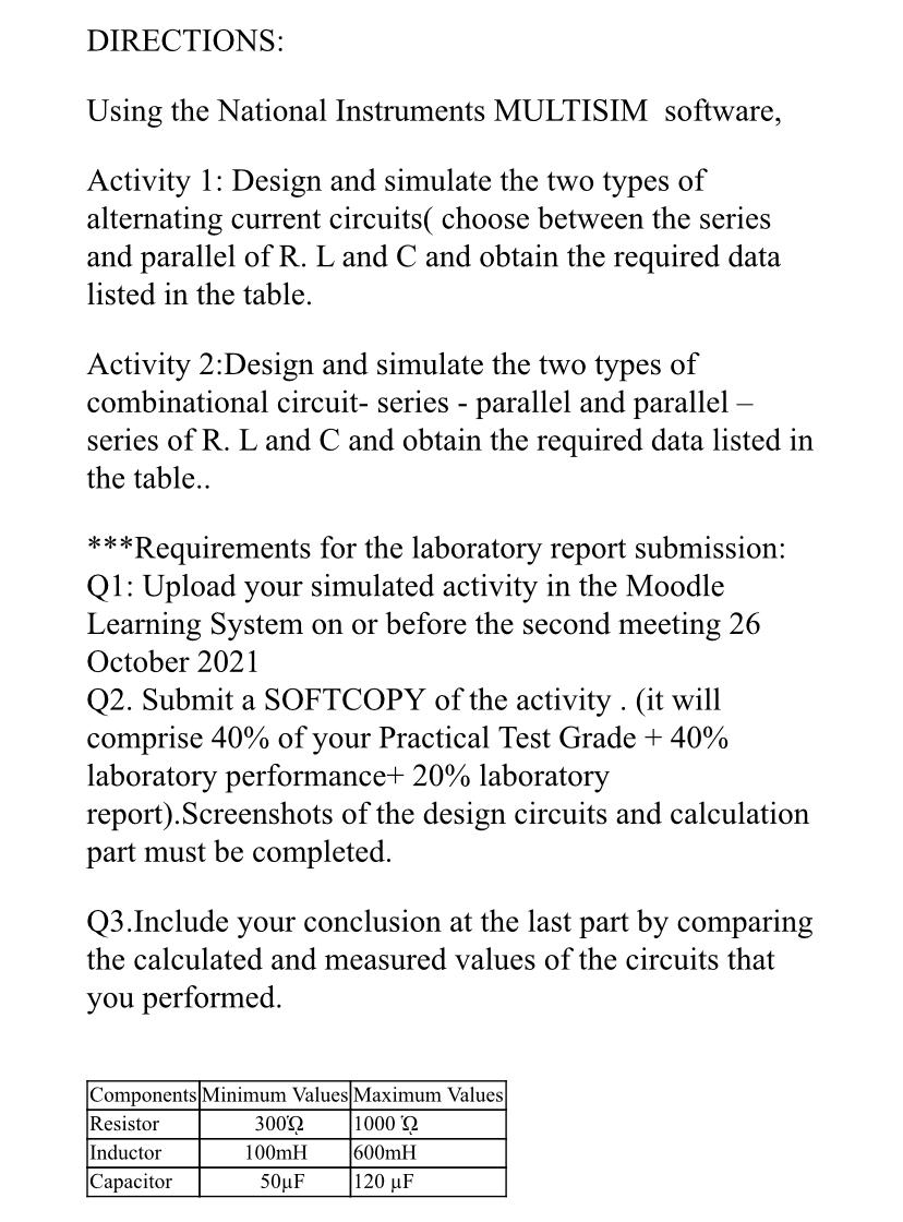 Solved DIRECTIONS: Using the National Instruments MULTISIM | Chegg.com