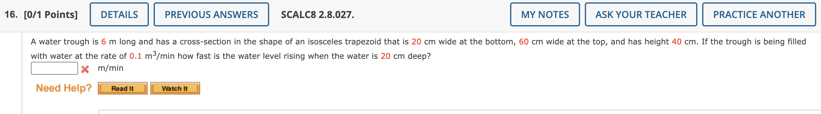 Solved with water at the rate of 0.1 m3/min how fast is the | Chegg.com