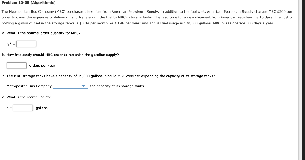 Solved Problem 10-05 (Algorithmic) The Metropolitan Bus | Chegg.com
