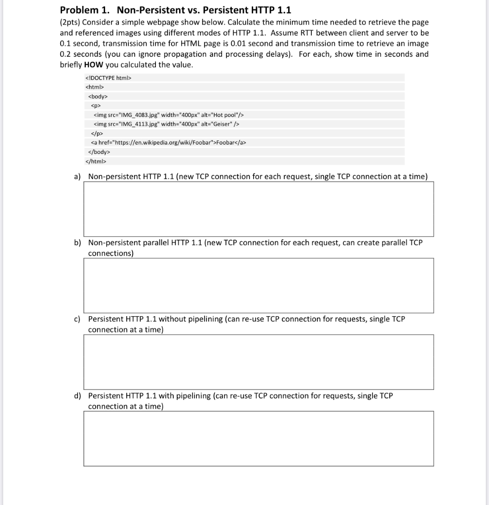 Problem 1. Non-Persistent vs. Persistent HTTP 1.1 | Chegg.com