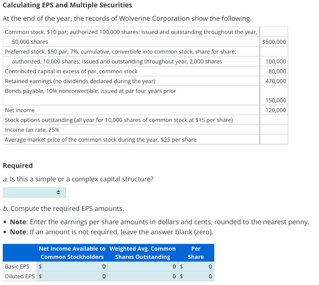 Solved Calculating EPS and Multiple Securities At the end of | Chegg.com