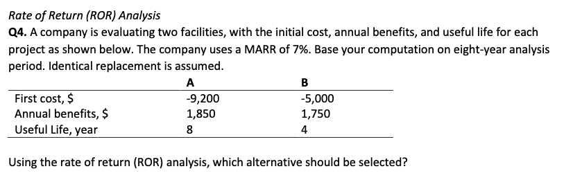 Solved Rate of Return (ROR) Analysis Q4. A company is | Chegg.com