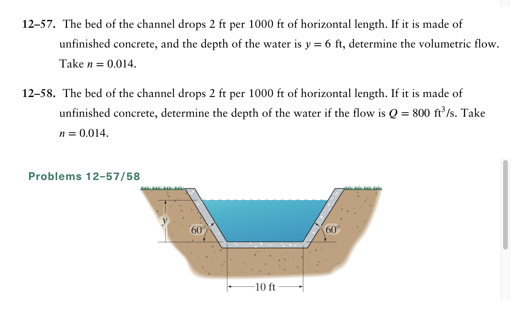 Solved 12-57. The bed of the channel drops 2ft per 1000ft of | Chegg.com