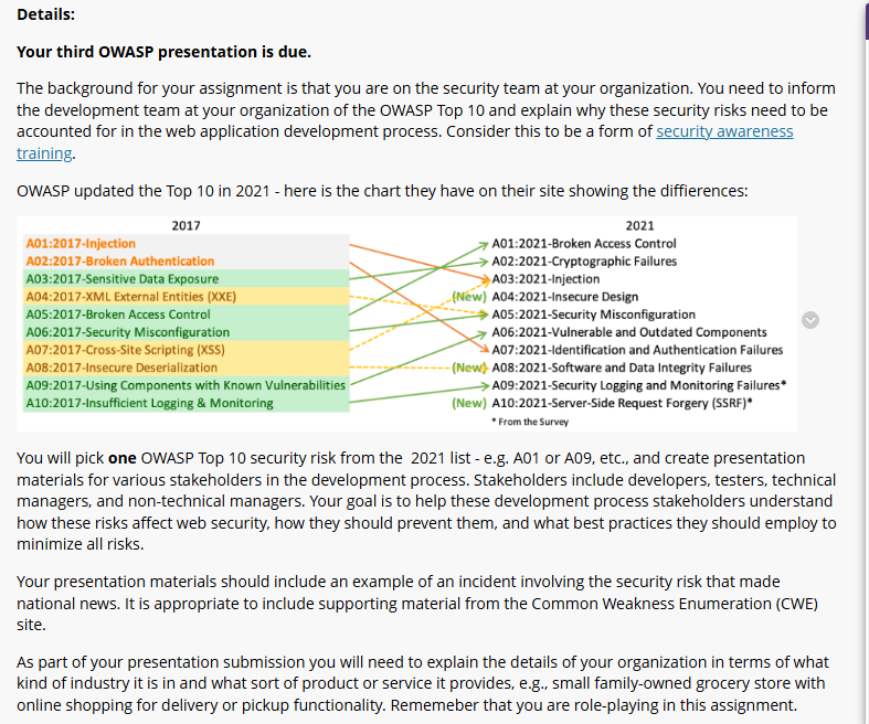 Solved Details:Your third OWASP presentation is due.The | Chegg.com