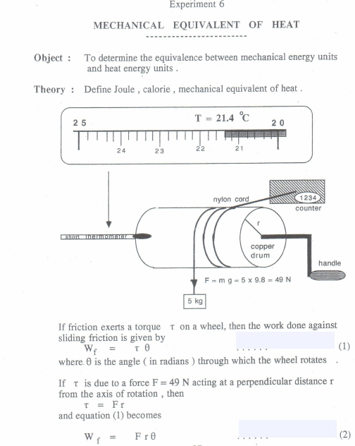 Solved Experiment 6 MECHANICAL EQUIVALENT OF HEAT Object : | Chegg.com