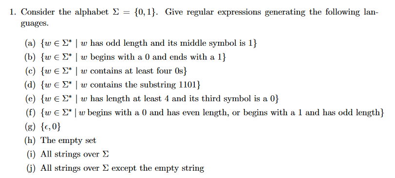 Solved 1. Consider the alphabet Σ- (0,1). Give regular | Chegg.com