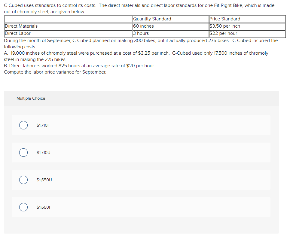Solved C-Cubed uses standards to control its costs. The | Chegg.com