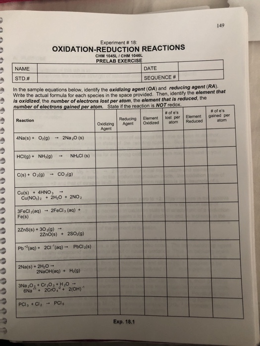 Solved 149 Experiment # 18 OXIDATION-REDUCTION REACTIONS CHM | Chegg.com