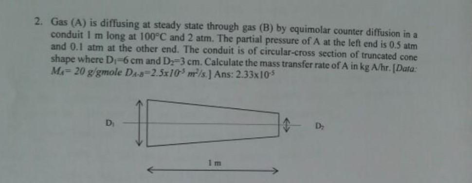 Solved 2. Gas (A) is diffusing at steady state through gas | Chegg.com