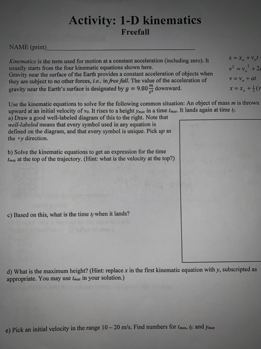 Solved Activity: 1-D kinematics Freefall NAME (print) | Chegg.com