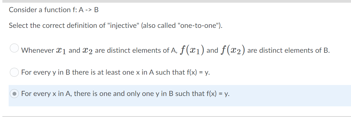 Solved Consider a function f: A->B Select the correct | Chegg.com