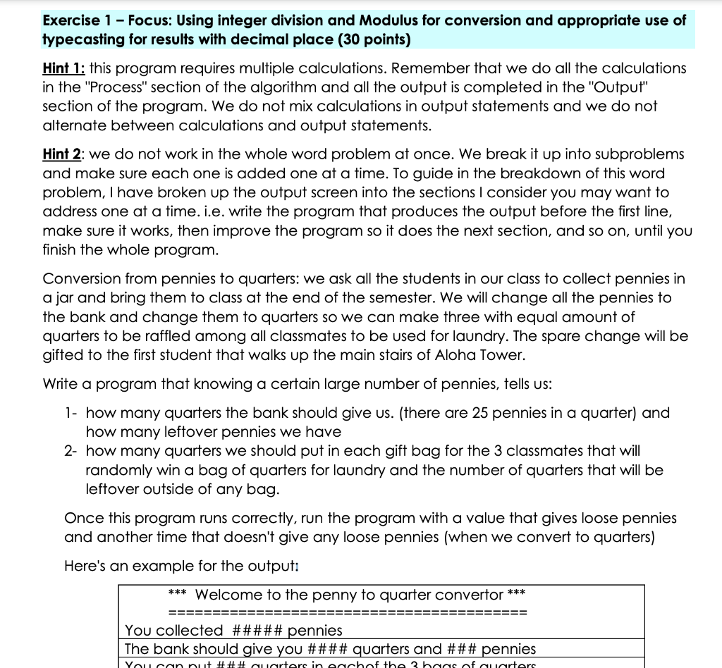 Solved Exercise 1 - Focus: Using integer division and | Chegg.com