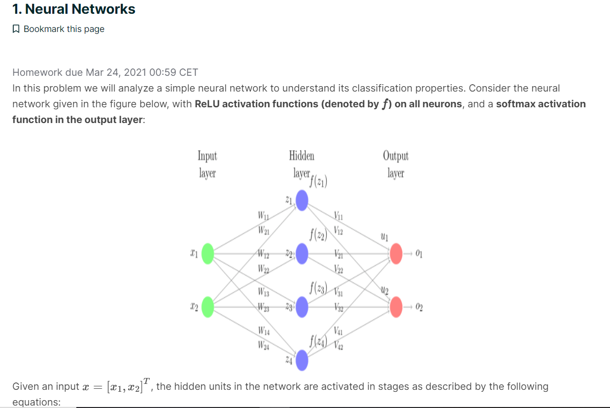 Solved 1. Neural Networks A Bookmark this page Homework due | Chegg.com