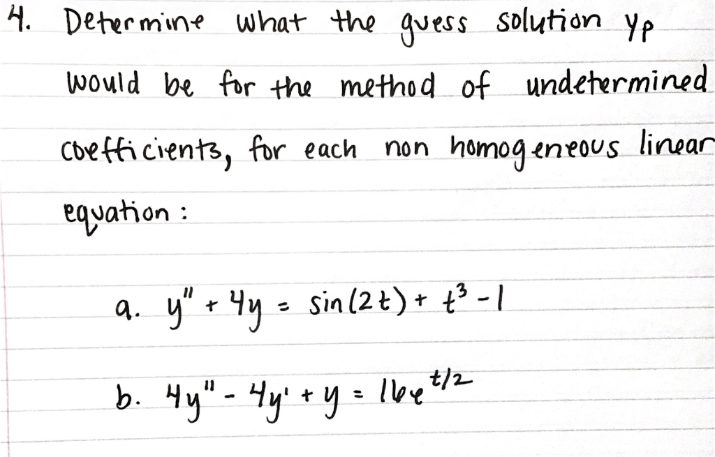 Solved 4. Determine what the guess solution yp would be for | Chegg.com
