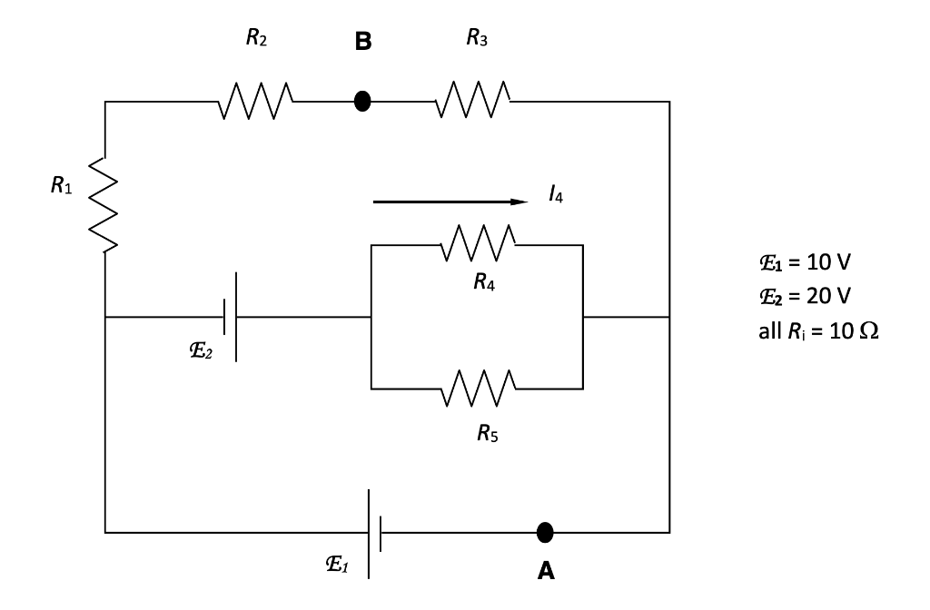 Solved R2 B R3 mu w w R1 14 w R4 E1 = 10 V Ez = 20 V all R; | Chegg.com