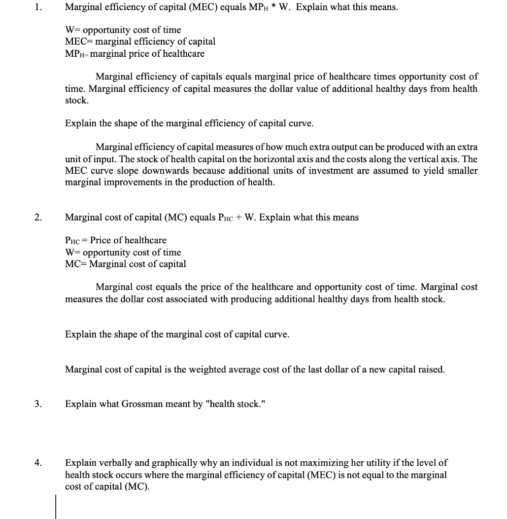 1. Marginal efficiency of capital (MEC) equals MPH * | Chegg.com