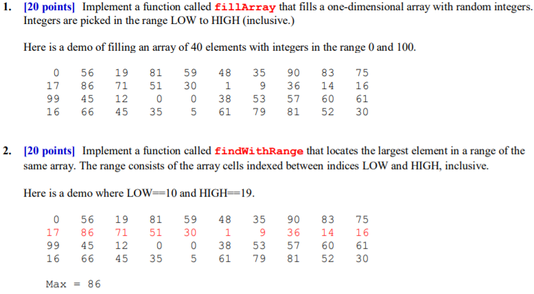 Solved 120 pointsl Implement a function called fillArray | Chegg.com