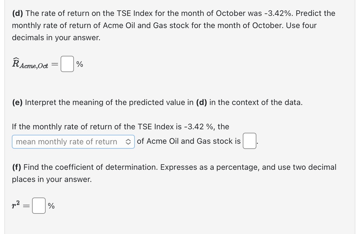 (d) The rate of return on the TSE Index for the month | Chegg.com