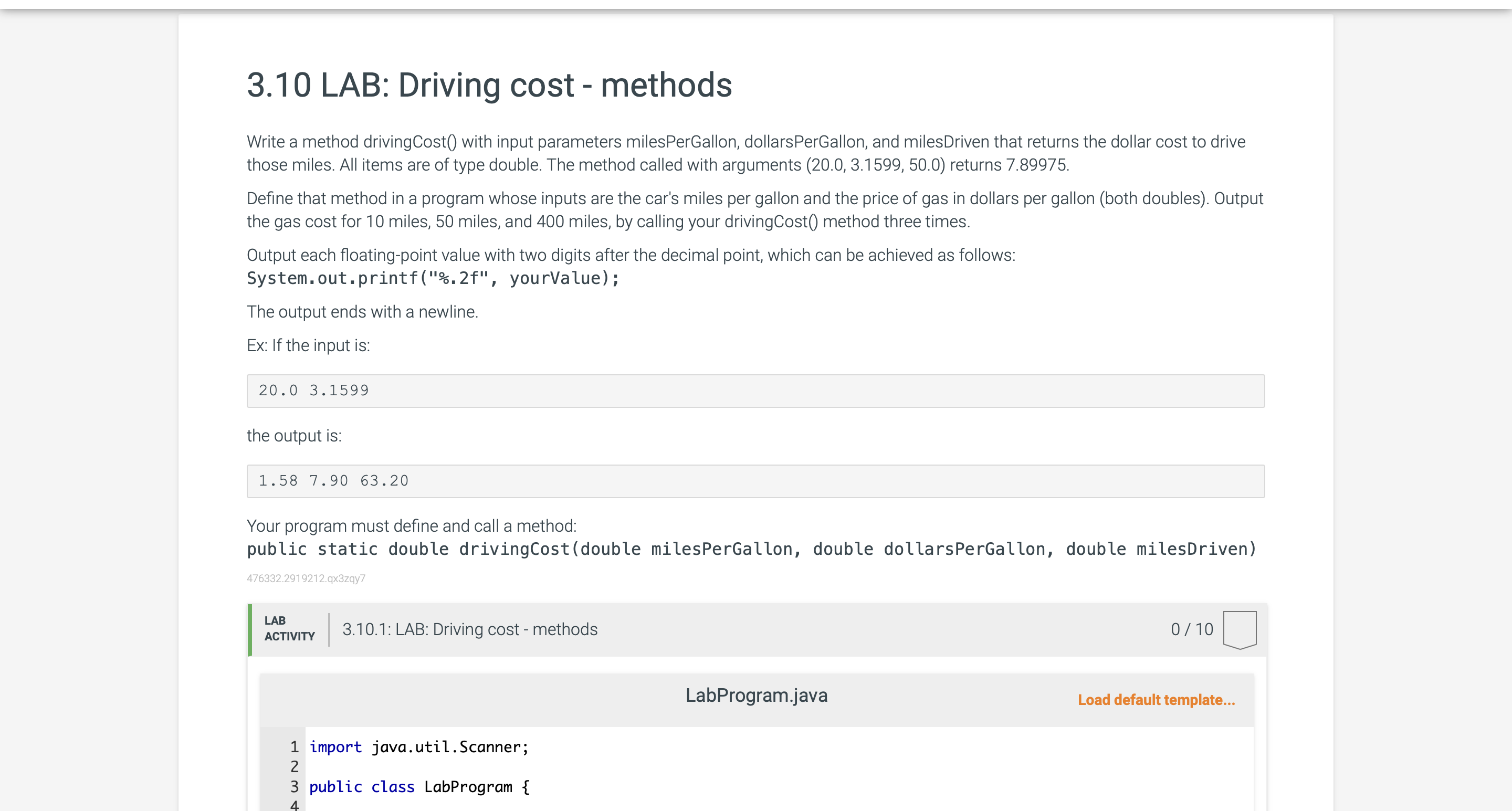 Solved 3.10 LAB: Driving cost - methods Write a method | Chegg.com