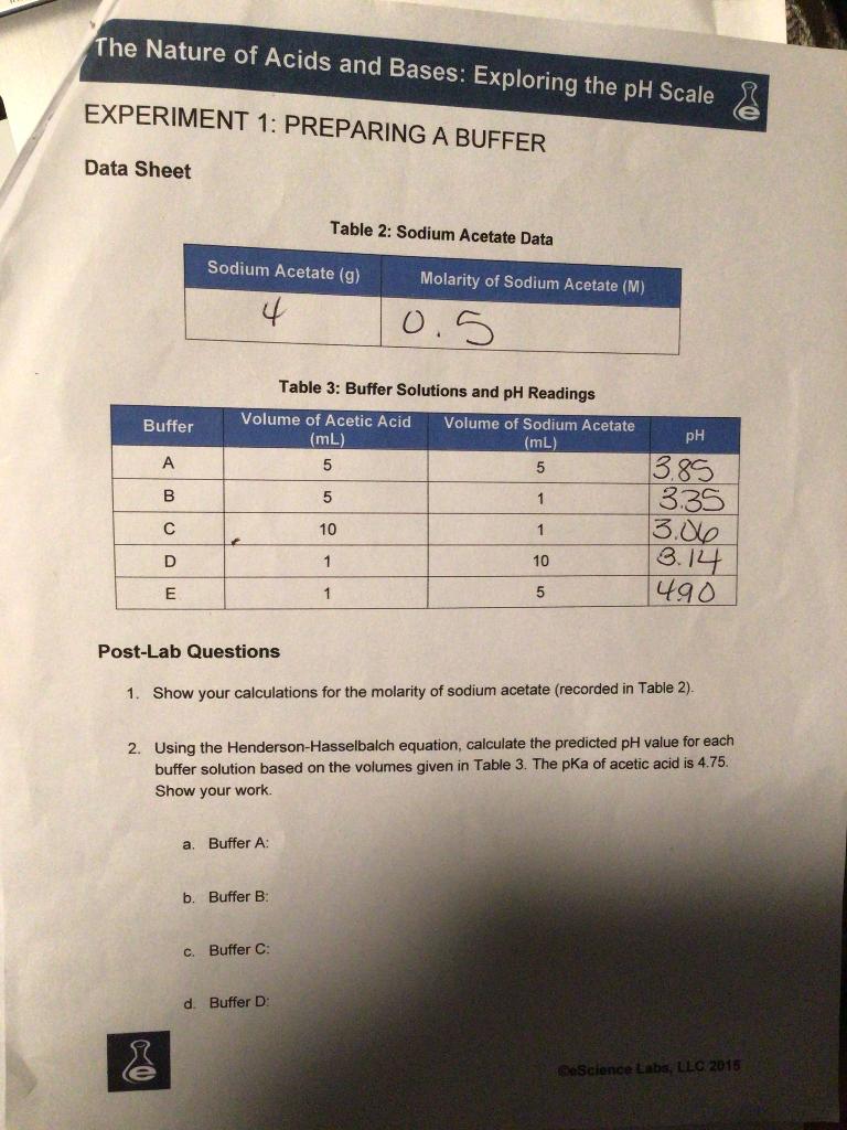 Table 2: Sodium Acetate Data Table 3: Buffer | Chegg.com