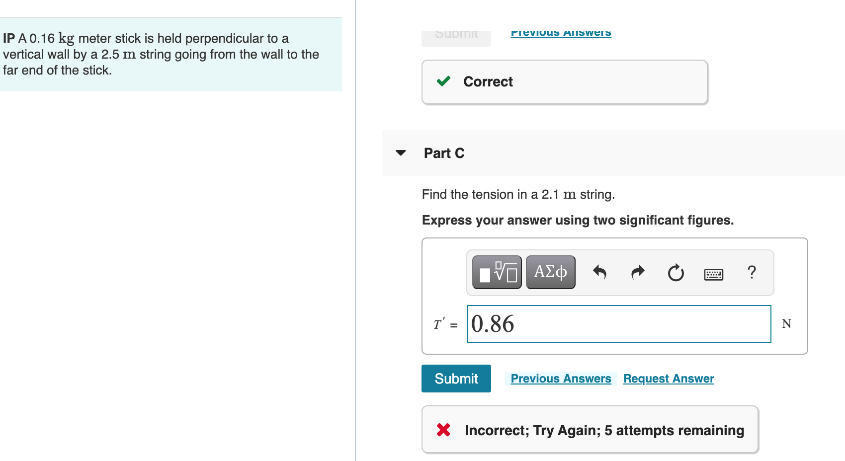 Solved A 0.16 kg meter stick is held perpendicular to a | Chegg.com