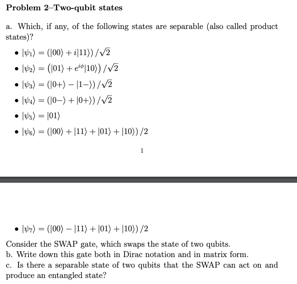 Problem 2-Two-qubit states a. Which, if any, of the | Chegg.com