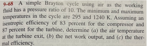 Solved 9-68 A simple Brayton cycle using air as the working | Chegg.com